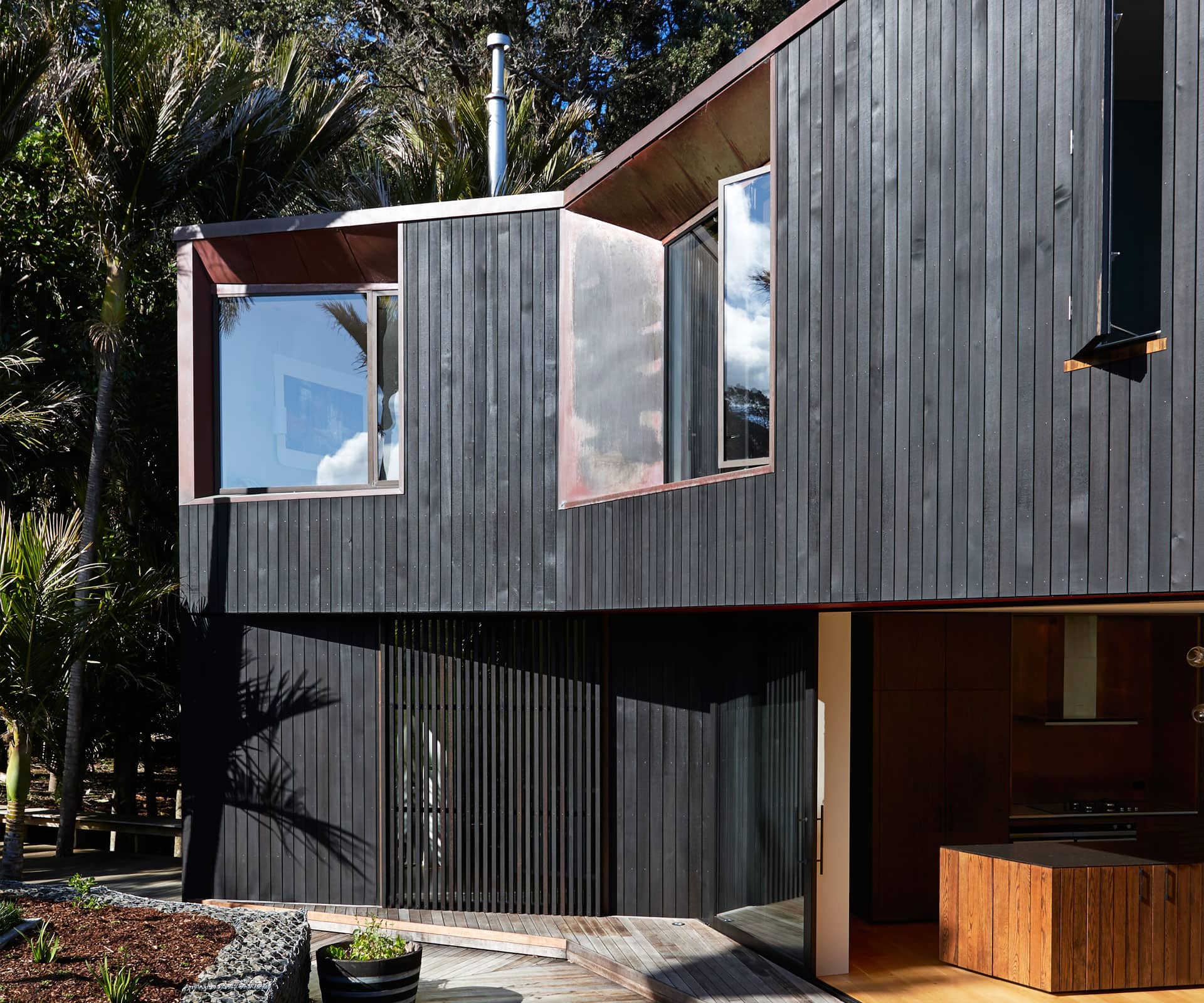 A cedar clad home in Muriwai is designed around a sensitive nikau glade